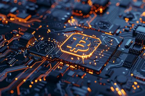 Bitcoin Cryptocurrency Digital Currency Circuit Board Technology Glowing Symbol Microchip Stock