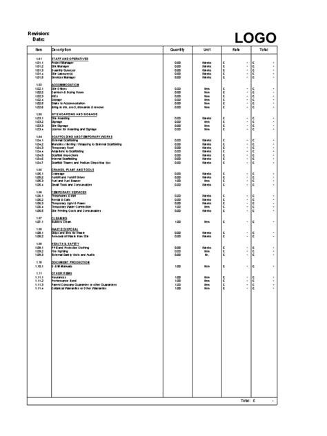 Preliminaries Pricing Schedule Template Pdf