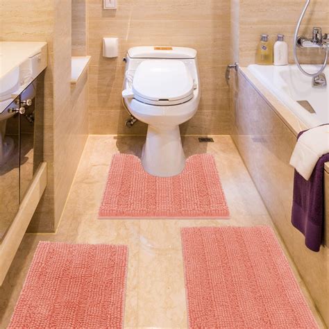 Accumtek Striped Coral Bathroom Rug Set 3 Pieces Ultra Soft