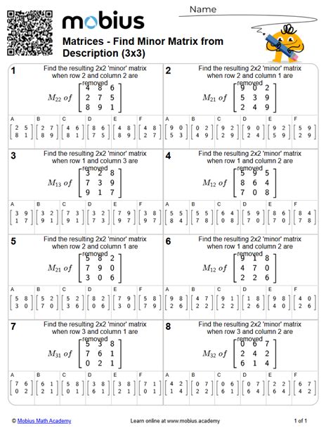 Free Printable Math Worksheet Matrices Find Minor Matrix From