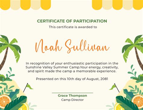 Free Summer Camp Participation Certificate Template To Edit Online