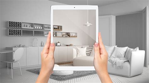 손은 현대 부엌과 거실 총 빈 프로젝트 배경 증강 현실 개념 가구 및 인테리어 디자인 제품을 시뮬레이션 하는 응용 프로그램을