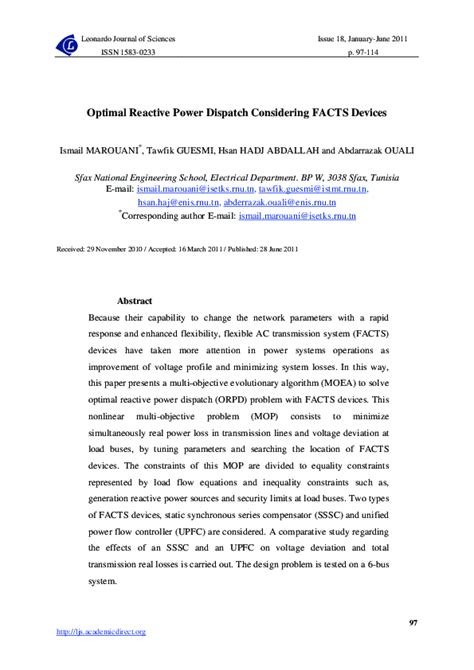 Pdf Optimal Reactive Power Dispatch Considering Facts Devices