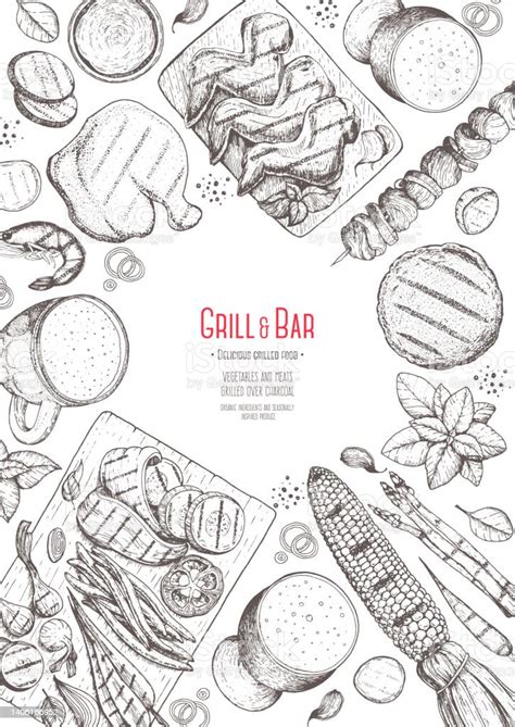그릴 및 바 메뉴 디자인 템플릿 구운 고기와 야채 상단보기 프레임 벡터 일러스트레이션 새겨진 디자인 손으로 그린 그림 펍 음식