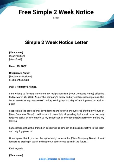2 Weeks Notice Template Word