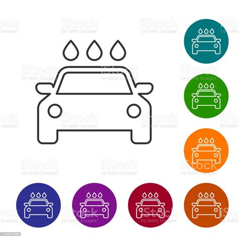 회색 자동차 세척 라인 아이콘 흰색 배경에 고립입니다 세차 서비스와 물 구름 아이콘입니다 컬러 서클 버튼에 아이콘을 설정 합니다