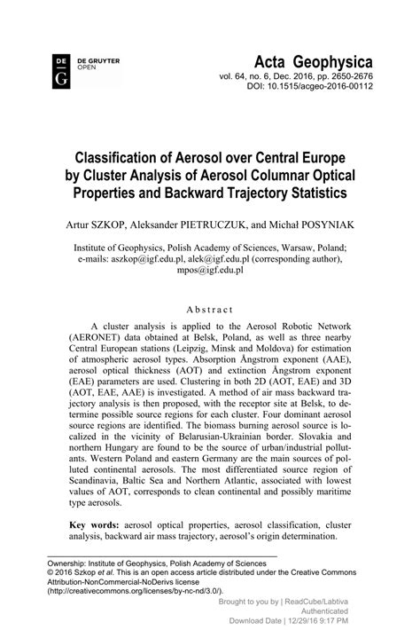 Pdf Classification Of Aerosol Over Central Europe By Cluster Analysis