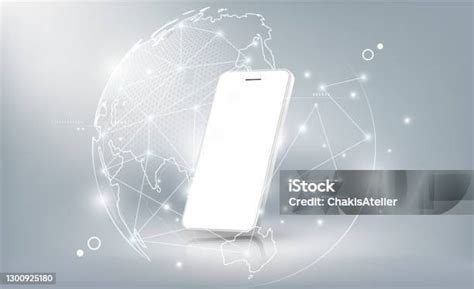 미래 기술 홀로그램 지구와 글로벌 네트워크 또는 통신 세계 개념 휴대 전화 추상적 인 배경 벡터 일러스트와 현실적인 흰색 스마트 폰 모형 지구본에 대한 스톡 벡터 아트 및