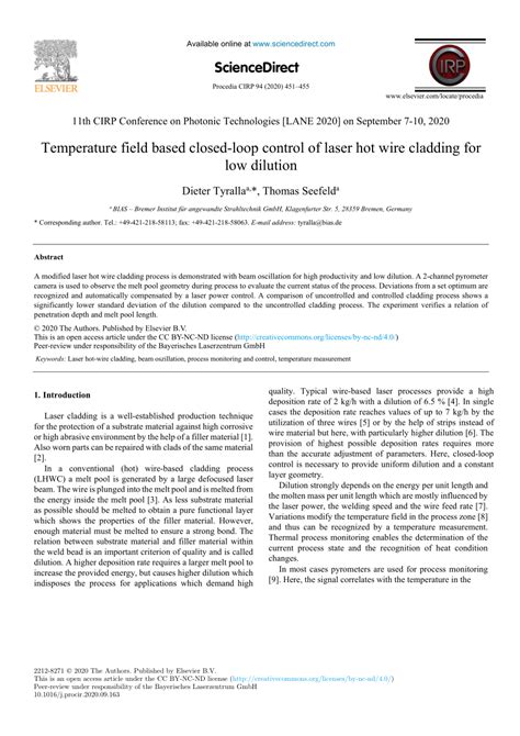 Pdf Temperature Field Based Closed Loop Control Of Laser Hot Wire Cladding For Low Dilution