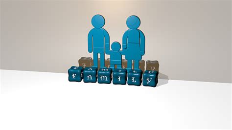 벽에 아이콘이있는 가족의 3d 표현과 개념 의미 및 슬라이드 쇼 프리젠 테이션을위해 거울 바닥에 금속 입방 문자로 정렬 된