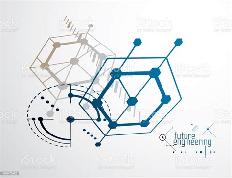 공학 기술 벡터 벽지 육각형 원형 및 라인으로 만든 기술 드로잉 추상적인 배경입니다 가상현실에 대한 스톡 벡터 아트 및 기타