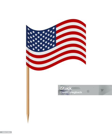 이쑤시개에 미국 국기 나무 막대기에 미국의 종이 미니 깃발 나무 수직 스탠드에 고립 된 깃대 음식 장식을 위한 3d 사실적인