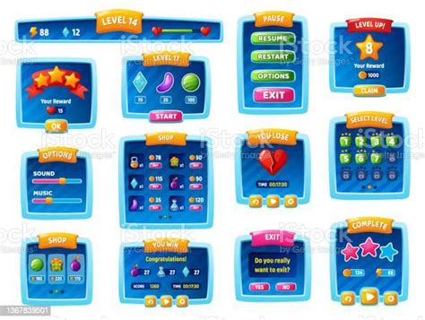 캐주얼 게임 메뉴 와 팝업 창 만화 게임 응용 프로그램 Ui 요소 레벨 선택 일시 중지 상점 창 모바일 게임 디자인 자산 벡터 세트 여가활동 게임에 대한 스톡 벡터 아트 및