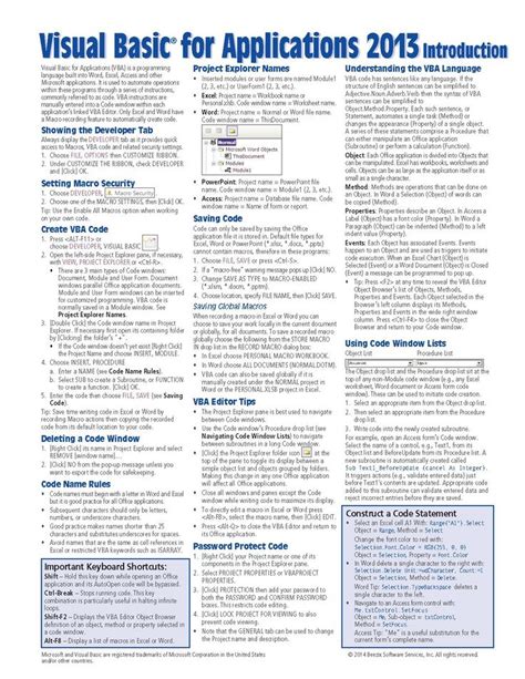 Visual Basic For Applications Vba 2013 Quick Reference Guide