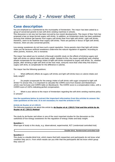 Case Study 2 Answer Sheet Case Study 2 Answer Sheet Case Description You Are Employed As A