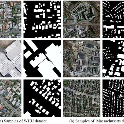 sample images and corresponding labels from the whu and massachusetts