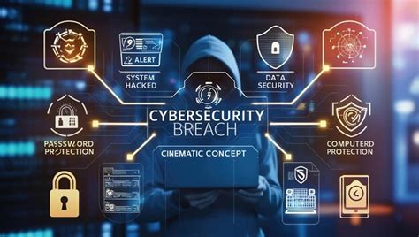 Cybersecurity Breach Concept Showing A Hooded Figure Holding A Laptop With Various Security