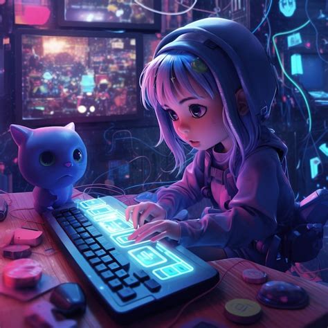 Premium Photo A Cartoon Girl Typing On A Keyboard Generative Ai Art