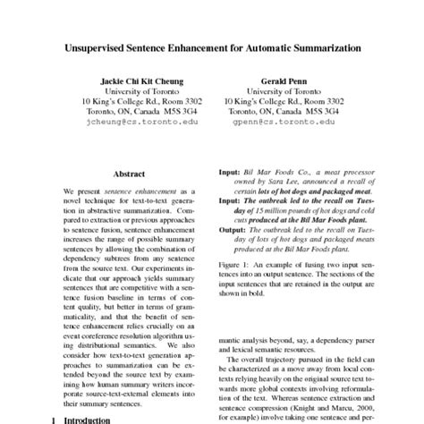 Unsupervised Sentence Enhancement For Automatic Summarization Acl Anthology