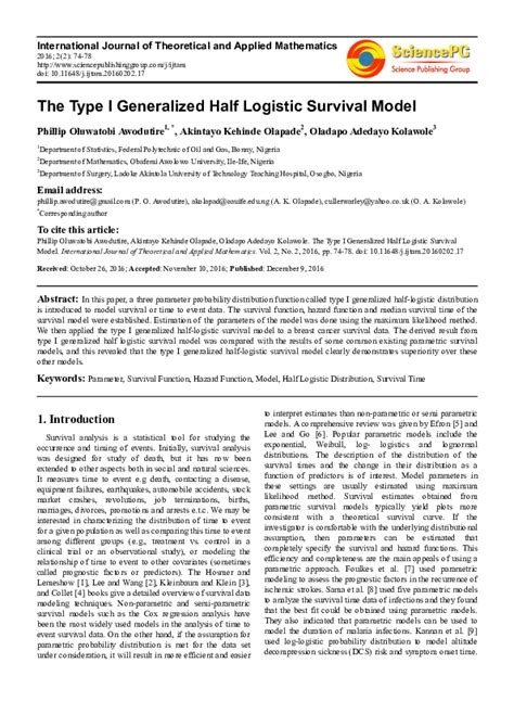 Pdf The Type I Generalized Half Logistic Survival Model