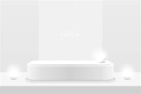 깨끗한 흰색 3d 원형 연단은 빛나는 원형 네온 램프와 수직 배경이 있는 책상 테이블 받침대에 사실적으로 배치됩니다 모형 제품을