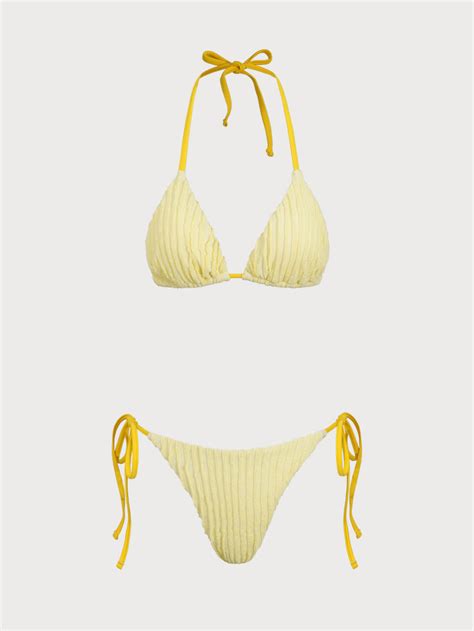 Womens Yellow Polyester Pin Up Bikini Set Samiol