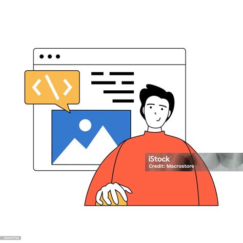 웹을 위한 평면 디자인의 만화 사람들과 프로그래밍 개념 남자 코딩 및 엔지니어링 웹 페이지 레이아웃 테스트 및 수정 코드 소셜