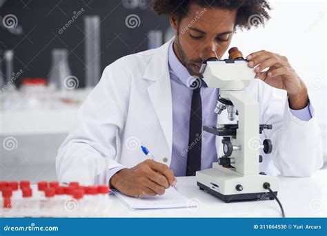 Research Microscope And Man Scientist Writing In Notebook In Office For Medical Experiment Or