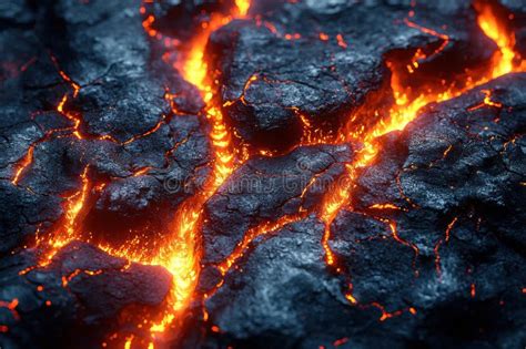 Lava Flow With Glowing Cracks In Volcanic Rock Showcasing Intense Heat