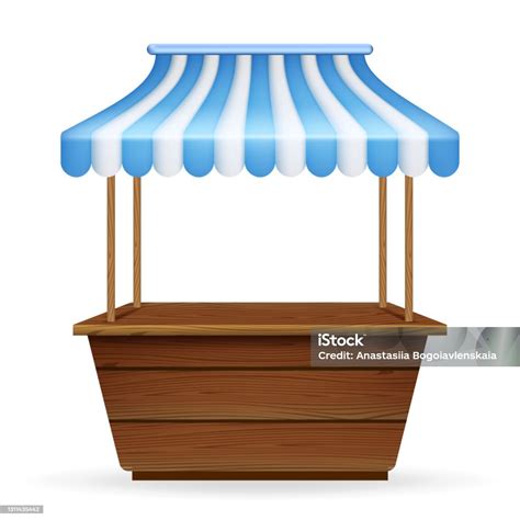 파란색과 흰색 줄무늬 차양빈 시장 포장 마차의 벡터 사실적인 그림 거리 거래를위한 캐노피나무 카운터의 모형 아이스크림 전문점에 대한 스톡 벡터 아트 및 기타 이미지 Istock