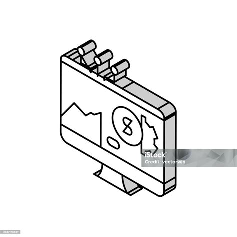 컴퓨터 디스플레이에 연구하는 Fintech 차트 아이소 메트릭 아이콘 벡터 일러스트 레이 션 0명에 대한 스톡 벡터 아트 및