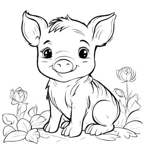 Descarga Pequeño Cerdo En La Hierba Con Flores Páginas Para Colorear En