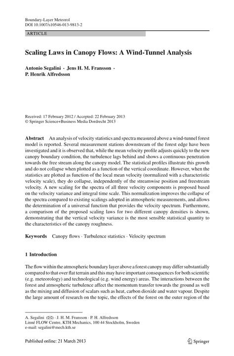 Pdf Scaling Laws In Canopy Flows A Wind Tunnel Analysis