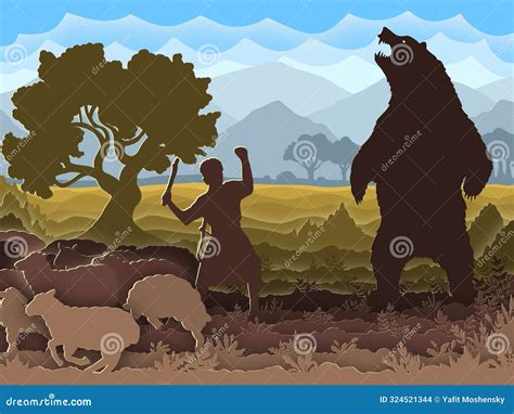 David And The Bear Paper Art Bible Story Illustration Minimalism Digital Art Stock