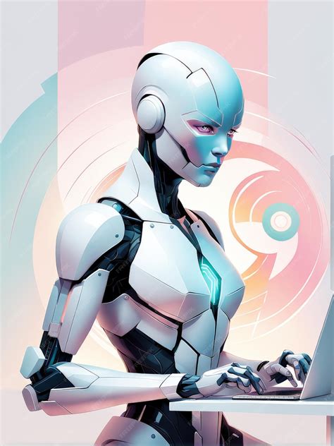 Robot In White Clothes Working On Laptop Futuristic Technology Artificial Intelligence Futur