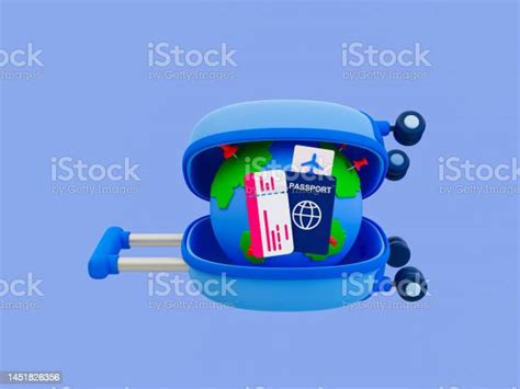 3d 최소 휴가 여행 여행 여름 휴가 여행 레크리에이션 시간 비행기를 타십시오 비행기 표와 여권이 있는 여행 가방 안의 지구본