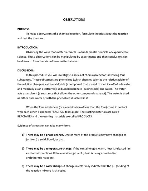 Lab Observation Lab OBSERVATIONS PURPOSE To Make Observations Of A Chemical Reaction