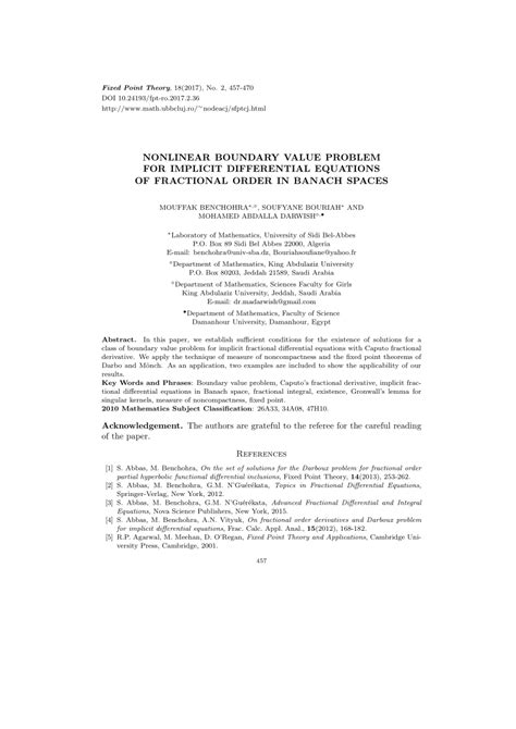 Pdf Nonlinear Boundary Value Problem For Implicit Differential Equations Of Fractional Order