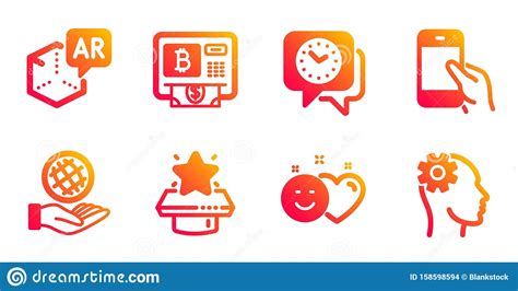 Hold Smartphone Smile And Winner Podium Icons Set Bitcoin Atm Augmented Reality And Clock