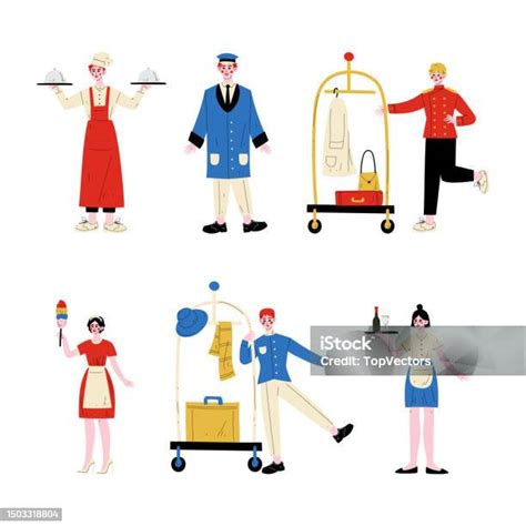 호텔 직원 서비스 직원이 설정되었습니다 포터 웨이트리스 하녀 요리사 요리사 유니폼 만화 벡터 일러스트레이션 레스토랑에 대한 스톡