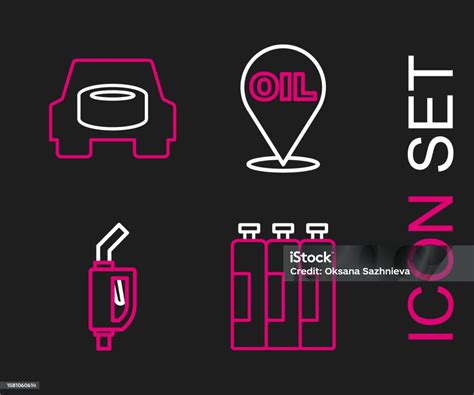 라인 산업용 가스 실린더 탱크 가솔린 펌프 노즐 휘발유 연료 위치 보충 및 스페어 휠 자동차 아이콘을 설정합니다 벡터 0명에 대한 스톡 벡터 아트 및 기타 이미지 Istock