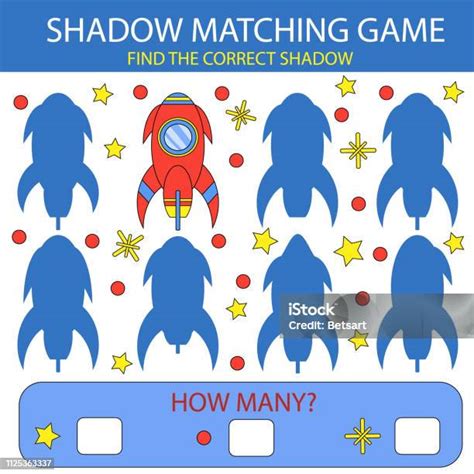 그림자 매칭 게임입니다 정확한 그림자 로켓을 찾아 아이 들 재미 있는 수수께끼 엔터테인먼트입니다 관심 게임 작업입니다 아이 수학 운동 벡터 일러스트입니다 0명에 대한 스톡