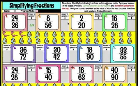 Simplifying Fractions Self Checking Google Sheet Activity TPT
