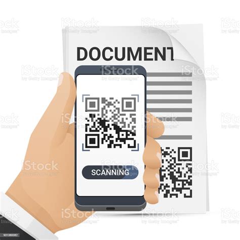 스마트폰 문서에서 Qr 코드를 스캔 하는 손 망 스마트폰 화면에 바코드 스캐너 응용 프로그램입니다 벡터 일러스트 레이 션 Qr