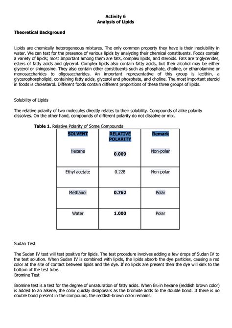Analysis Of Lipids Experiment Activity 6 Analysis Of Lipids Theoretical Background Lipids Are