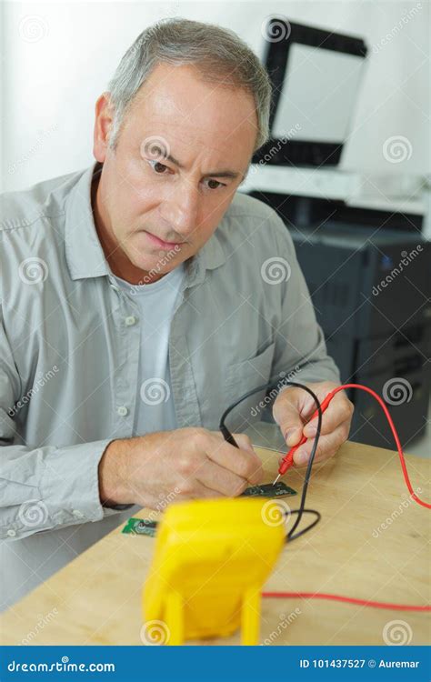 Man Testing Power Using Voltmeter Stock Image Image Of Measuring Connection