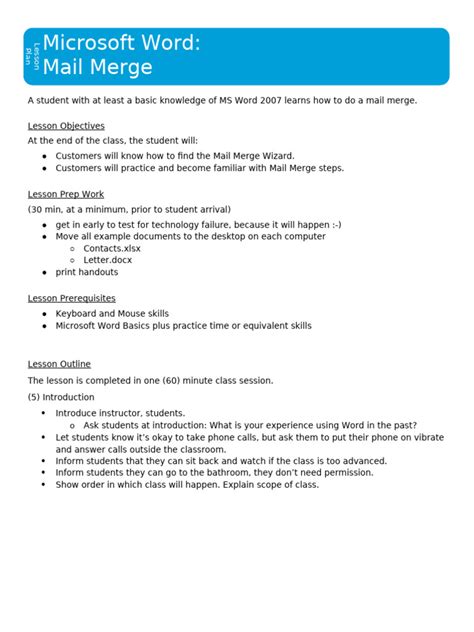 microsoft word mail merge lesson plan pdf