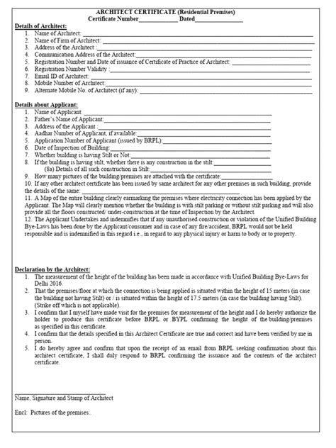 Format For Architect Certificate Residential Premises Pdf Architect