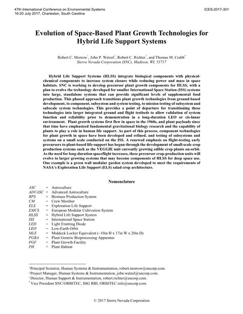 Evolution Of Space Based Plant Growth Technologies For Hybrid Life Support Systems Docslib
