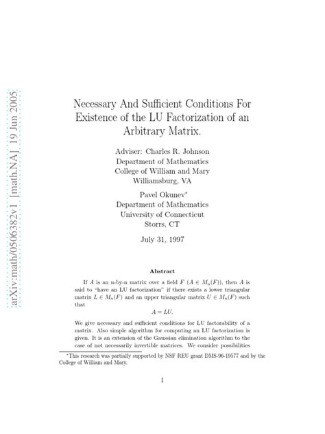 Necessary And Sufficient Conditions For Existence Of The Lu